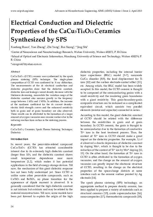 (PDF) Electrical Conduction and Dielectric Properties of the CaCu3Ti4O12 Ceramics Synthesized by SPS