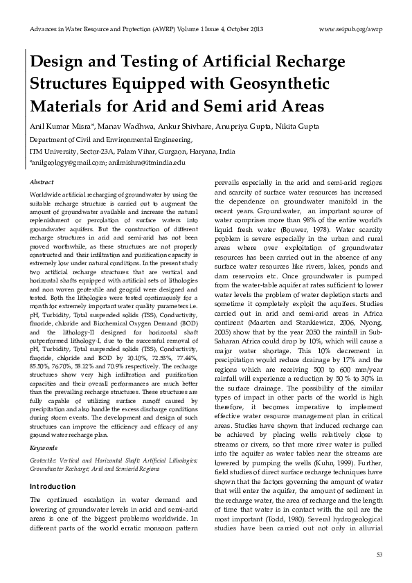 (PDF) Design and Testing of Artificial Recharge Structures Equipped ...