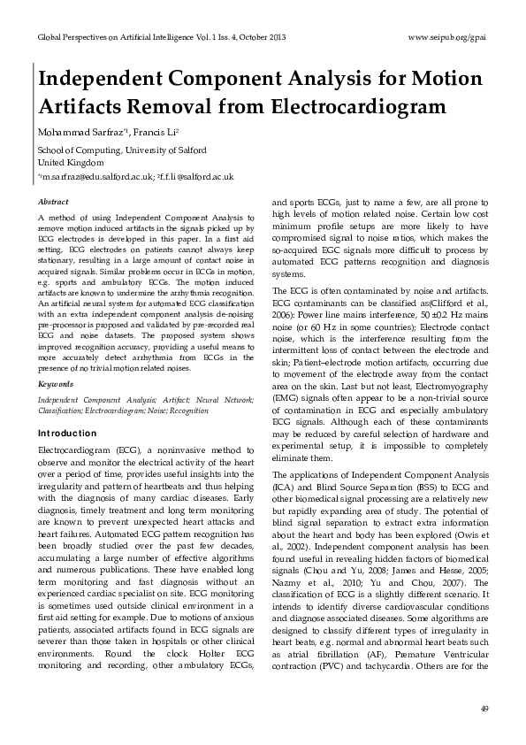 Independent Component Analysis for Motion Artifacts Removal from Electrocardiogram