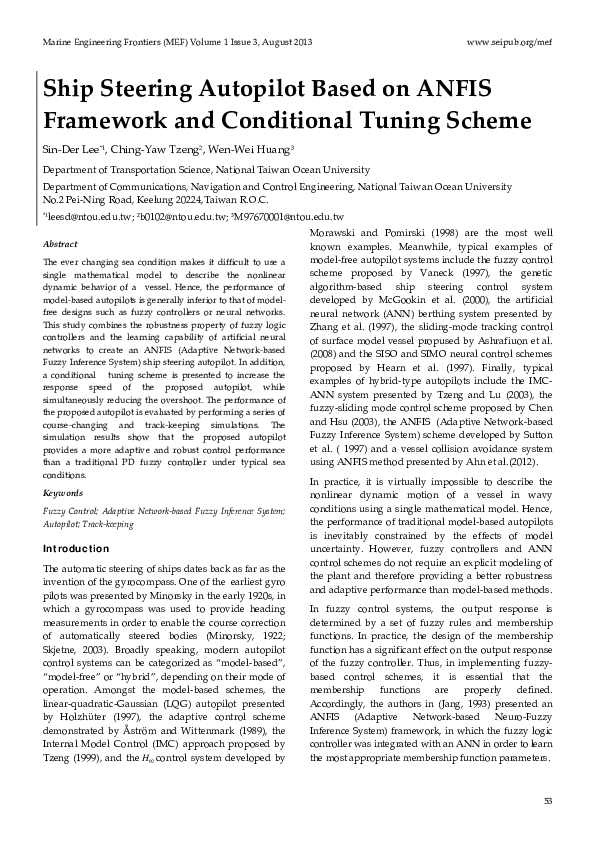 (PDF) Ship Steering Autopilot Based on ANFIS Framework and Conditional Tuning Scheme