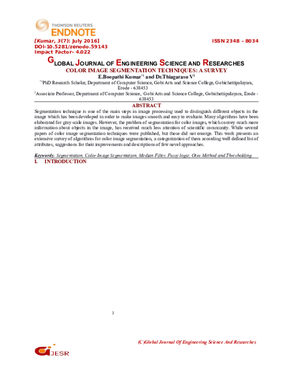 COLOR IMAGE SEGMENTATION TECHNIQUES: A SURVEY