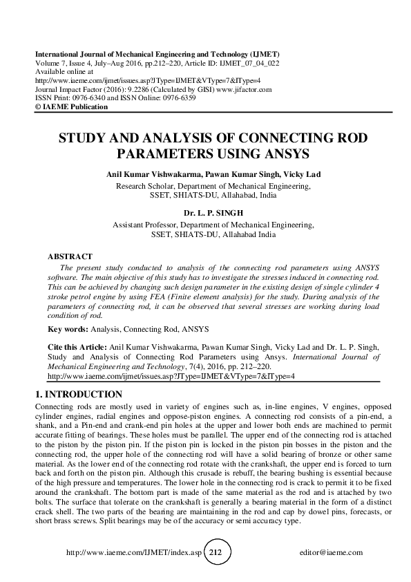 (PDF) STUDY AND ANALYSIS OF CONNECTING ROD PARAMETERS USING ANSYS