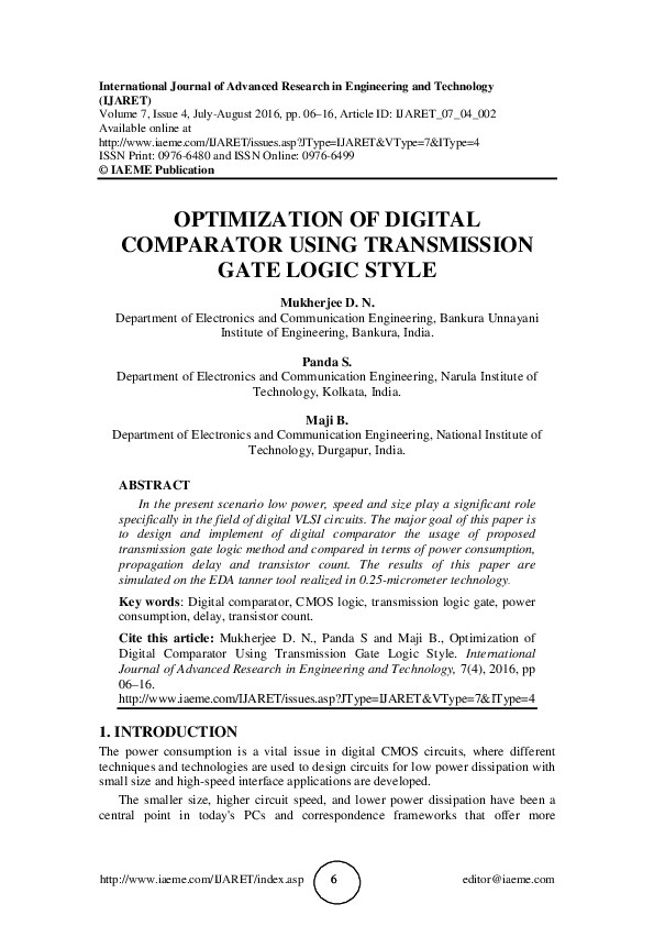(PDF) OPTIMIZATION OF DIGITAL COMPARATOR USING TRANSMISSION GATE LOGIC STYLE