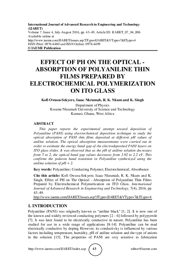 (PDF) EFFECT OF PH ON THE OPTICAL - ABSORPTION OF POLYANILINE THIN ...