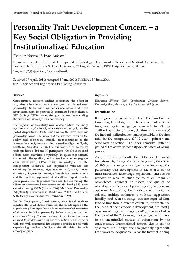 (PDF) Personality Trait Development Concern – a Key Social Obligation ...