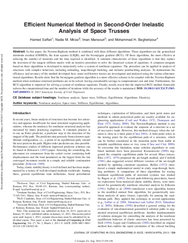 (PDF) Efficient Numerical Method in Second-Order Inelastic Analysis of Space Trusses