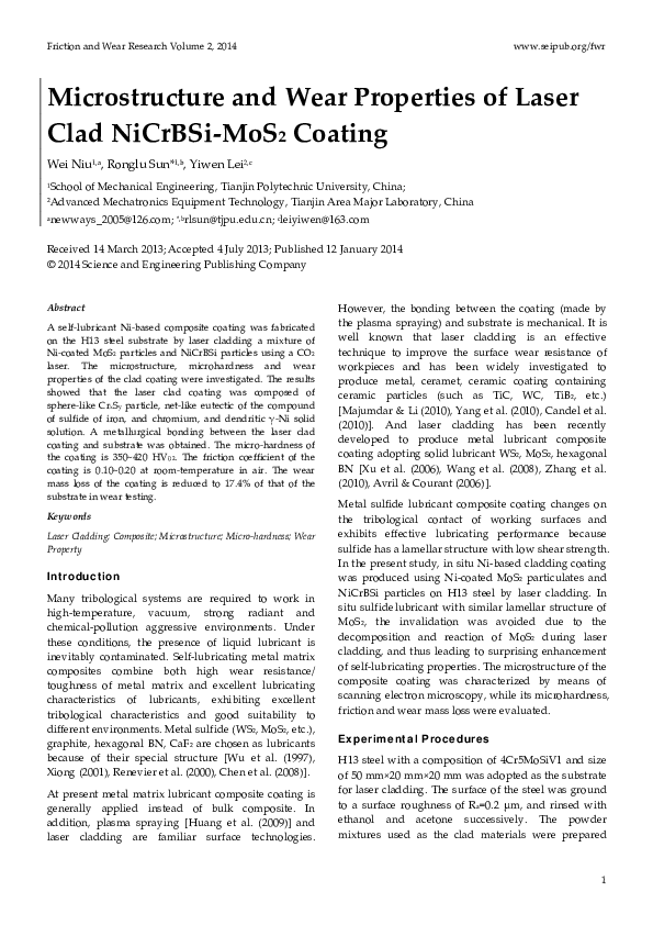 (PDF) Microstructure and Wear Properties of Laser Clad NiCrBSi-MoS2 Coating