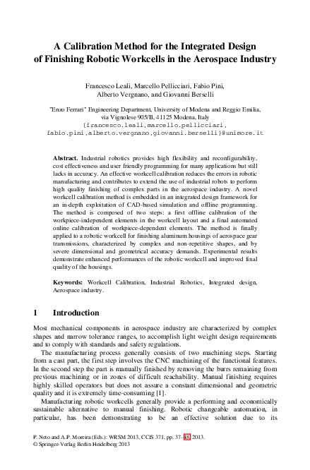(PDF) A Calibration Method for the Integrated Design of Finishing Robotic Workcells in the ...