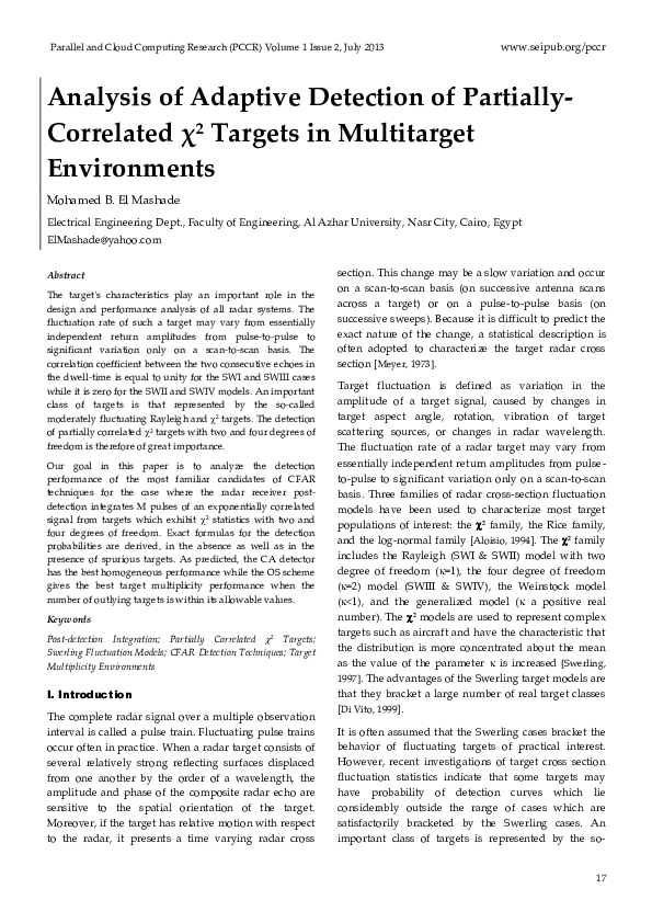 (PDF) Analysis of Adaptive Detection of Partially- Correlated χ 2 Targets in Multitarget ...