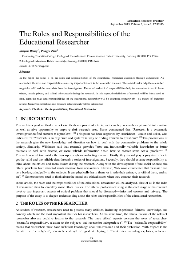 (PDF) The Roles and Responsibilities of the Educational Researcher