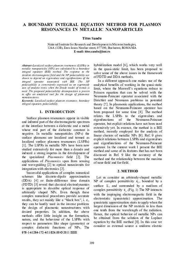 A boundary integral equation method for plasmon resonances in metallic ...
