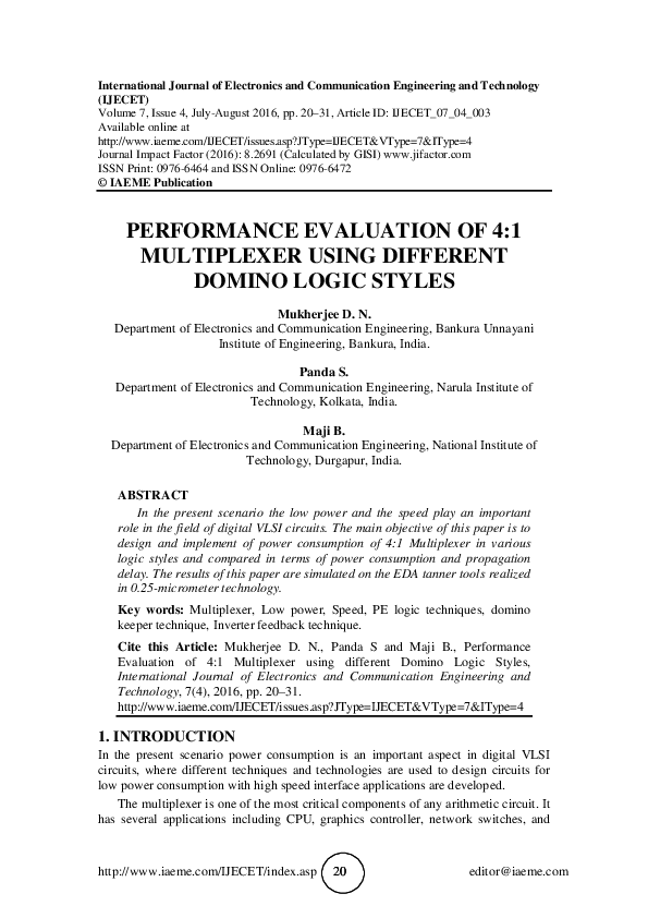 (PDF) PERFORMANCE EVALUATION OF 4:1 MULTIPLEXER USING DIFFERENT DOMINO LOGIC STYLES