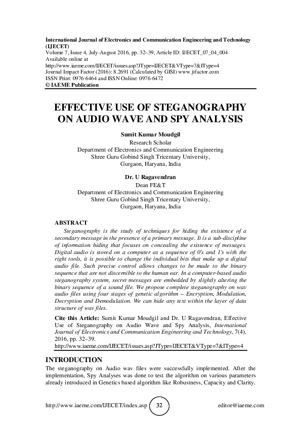 (PDF) EFFECTIVE USE OF STEGANOGRAPHY ON AUDIO WAVE AND SPY ANALYSIS