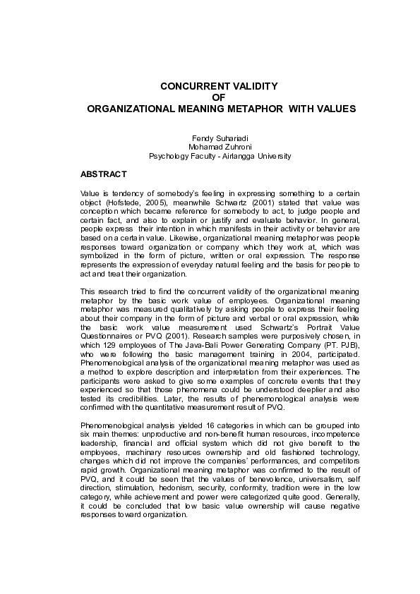 (DOC) CONCURRENT VALIDITY OF ORGANIZATIONAL MEANING METAPHOR WITH VALUES