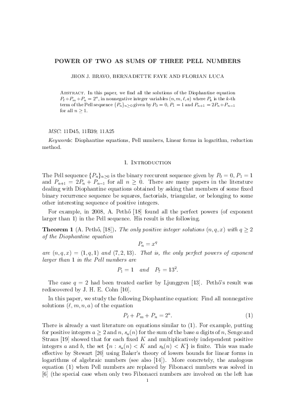 (PDF) POWER OF TWO AS SUMS OF THREE PELL NUMBERS