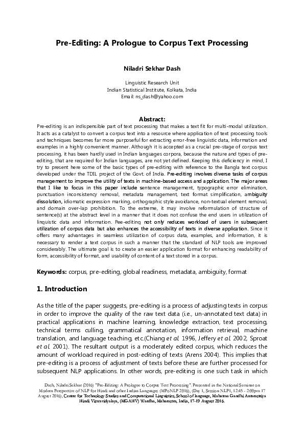 (PDF) Pre-Editing: A Prologue to Corpus Text Processing