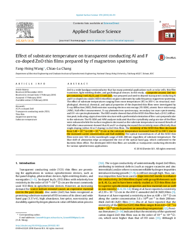 (PDF) Effect of substrate temperature on transparent conducting Al and F co-doped ZnO thin films ...