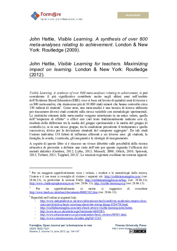Pdf John Hattie Visible Learning A Synthesis Of Over 800 Meta Analyses Relating To