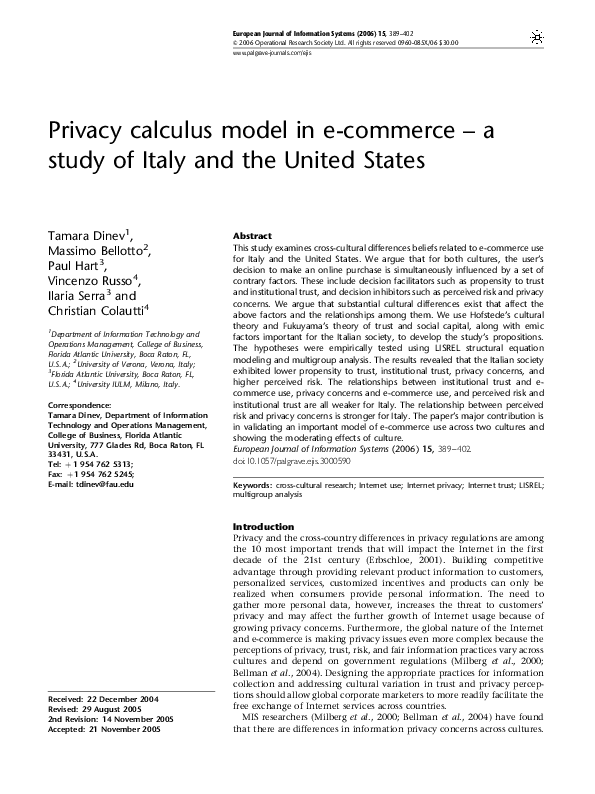 (PDF) Privacy calculus model in e-commerce – a study of Italy and the ...