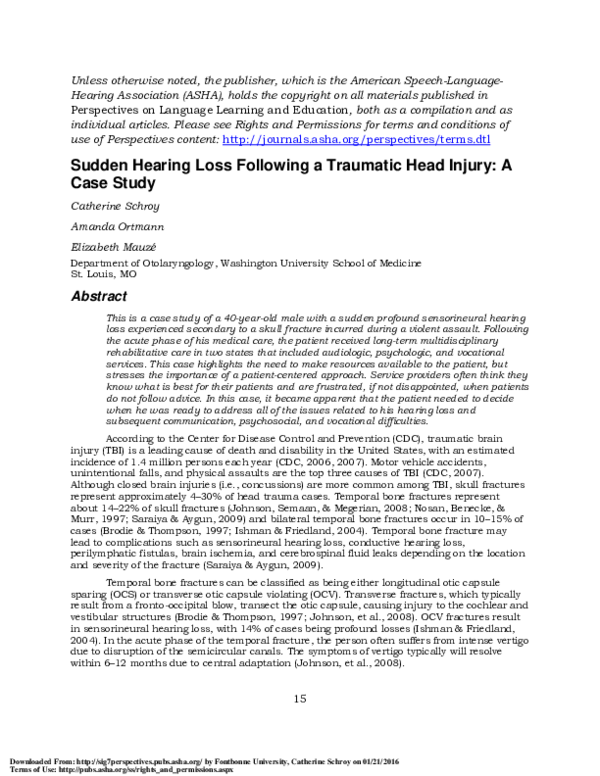 (PDF) Sudden Hearing Loss Following a Traumatic Head Injury: A Case Study