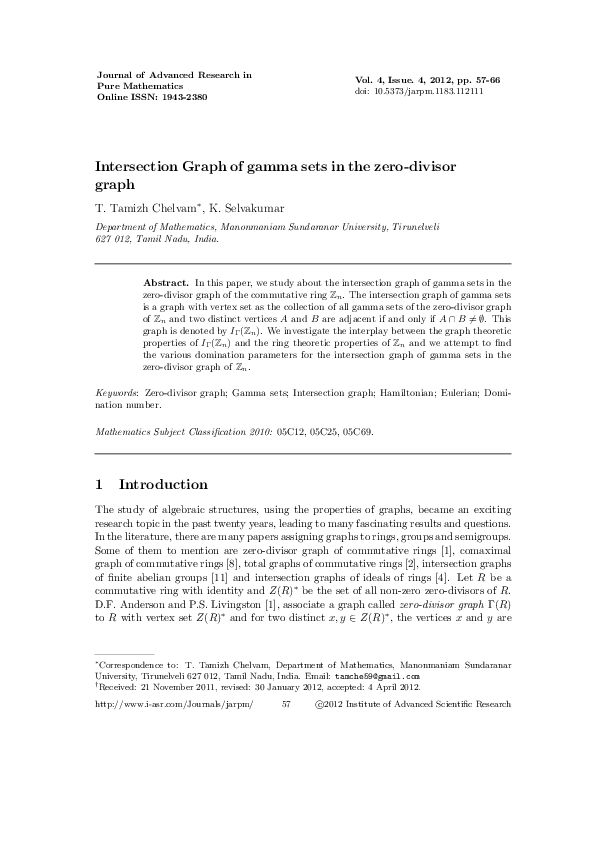 Pdf Intersection Graph Of Gamma Sets In The Zero Divisor Graph