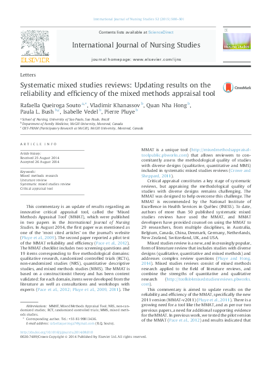 (PDF) Systematic mixed studies reviews: updating results on the ...