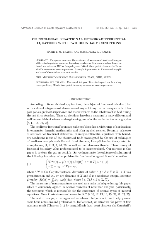 Pdf On Nonlinear Fractional Integro Differential Equations With Two Boundary Conditions