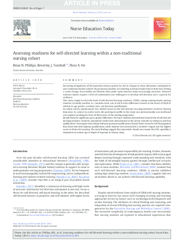 (PDF) Assessing readiness for self-directed learning within a non-traditional nursing cohort