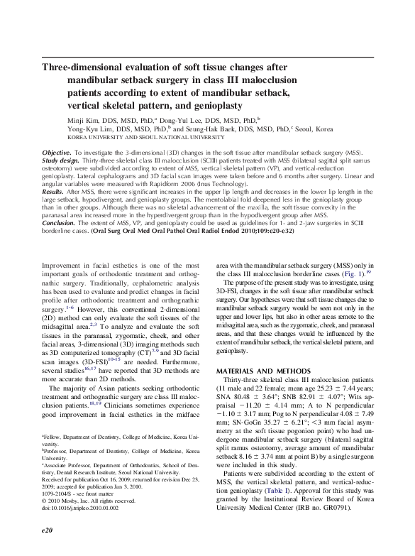 (PDF) Three-dimensional evaluation of soft tissue changes after mandibular setback surgery in ...