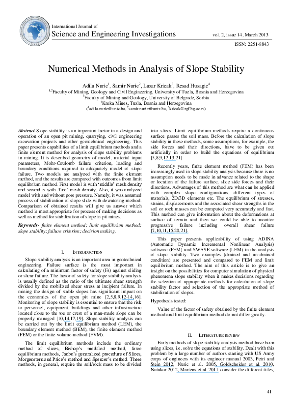 (PDF) Numerical Methods in Analysis of Slope Stability