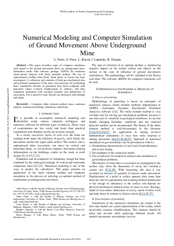 Pdf Numerical Modeling And Computer Simulation Of Ground Movement