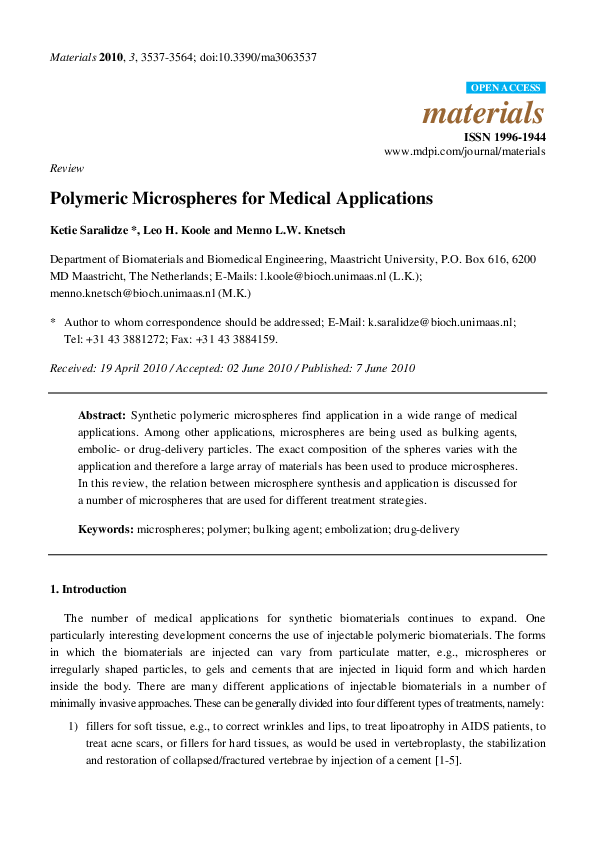 Pdf Polymeric Microspheres For Medical Applications