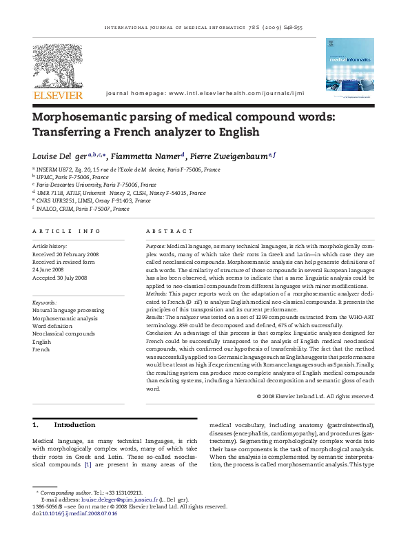 (PDF) Morphosemantic parsing of medical compound words: Transferring a French analyzer to English