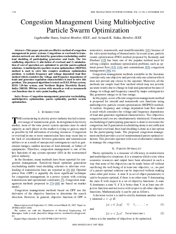 (PDF) Congestion Management Using Multiobjective Particle Swarm ... (PDF) Congestion Management Using Multiobjective Particle Swarm ...