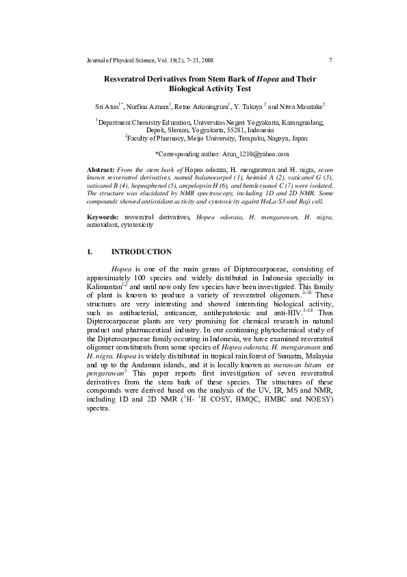 (PDF) Resveratrol Derivatives from Stem Bark of Hopea and Their ...