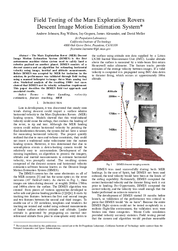 (PDF) Field Testing of the Mars Exploration Rovers Descent Image Motion ...