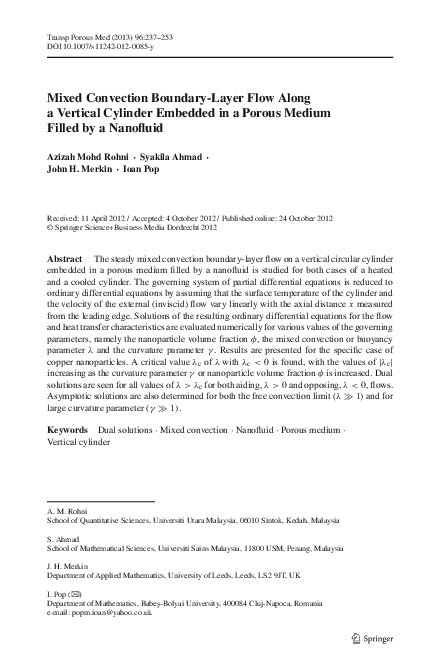 (PDF) Mixed convection boundary layer flow along vertical thin needles: Assisting and opposing flows