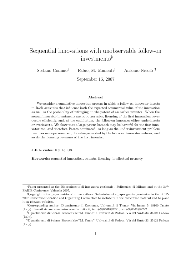 (PDF) Sequential innovations with unobservable follow-on investments