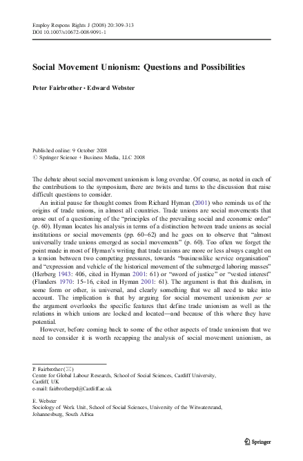 (PDF) Social Movement Unionism: Questions and Possibilities