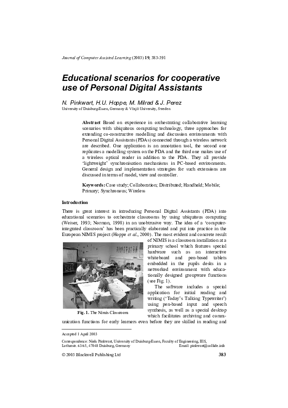 (PDF) Educational scenarios for cooperative use of Personal Digital Assistants