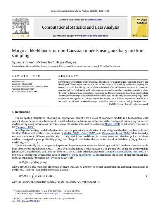 Pdf Marginal Likelihoods For Non Gaussian Models Using Auxiliary Mixture Sampling