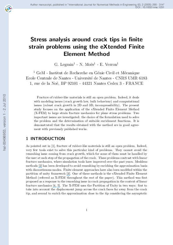 (PDF) Stress analysis around crack tips in finite strain problems using the eXtended finite ...