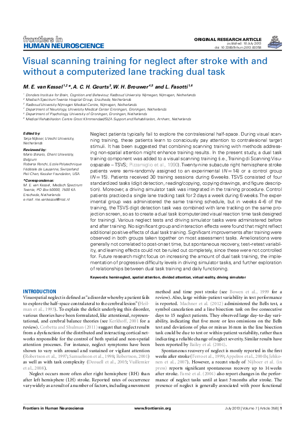 (PDF) Visual Scanning Training for Neglect after Stroke with and ...