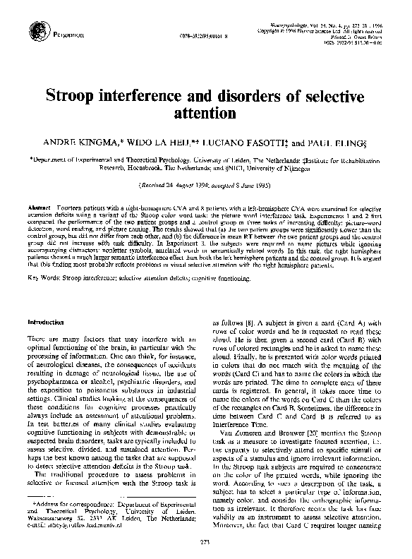 (PDF) Stroop interference and disorders of selective attention