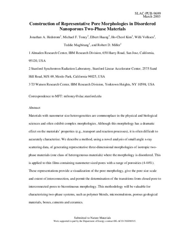 (PDF) Construction of Representative Pore Morphologies in Disordered Nanoporous Two-Phase Materials