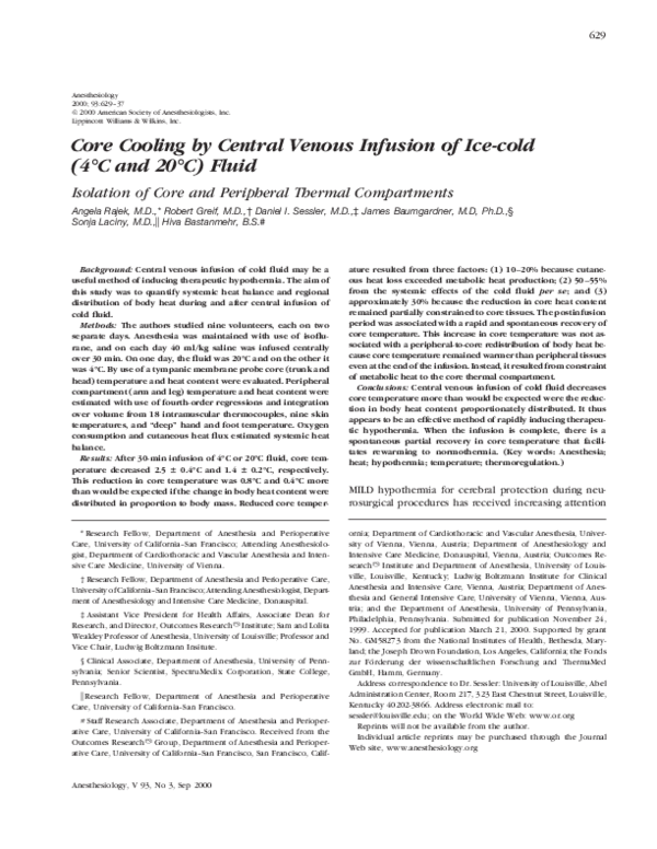 Core cooling by central venous infusion of ice-cold (4 degrees C and 20 ...