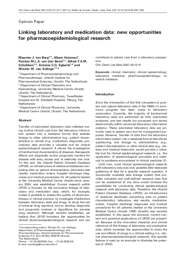 (PDF) Linking laboratory and medication data: new opportunities for pharmacoepidemiological research