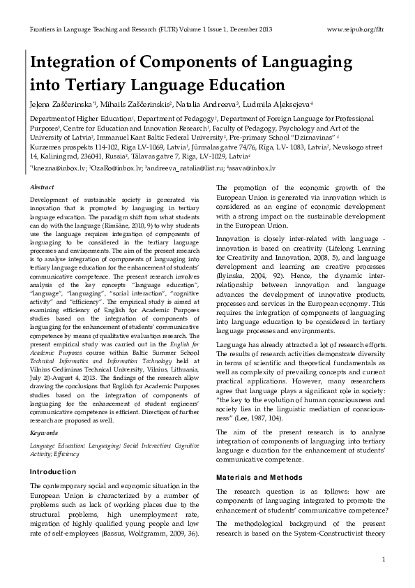 (PDF) Integration of Components of Languaging into Tertiary Language ...