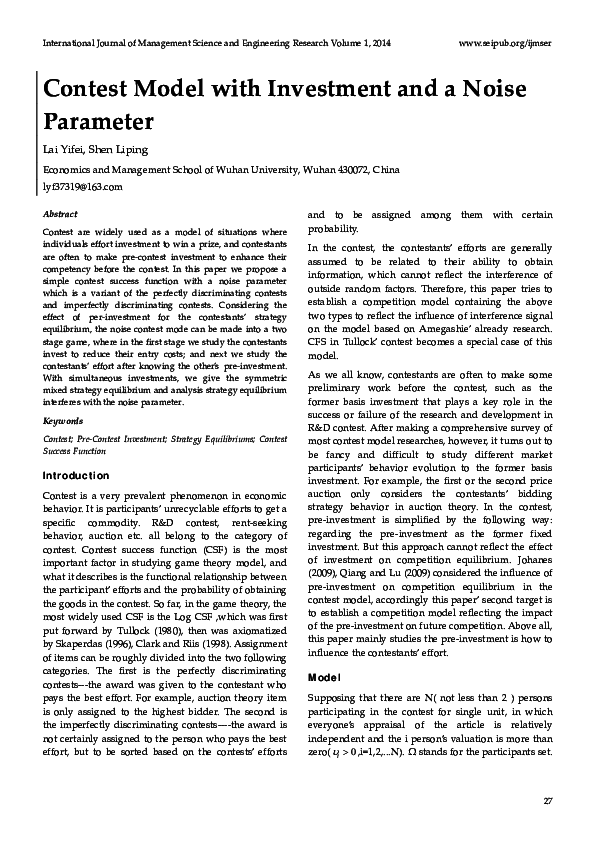 (PDF) Contest Model with Investment and a Noise Parameter