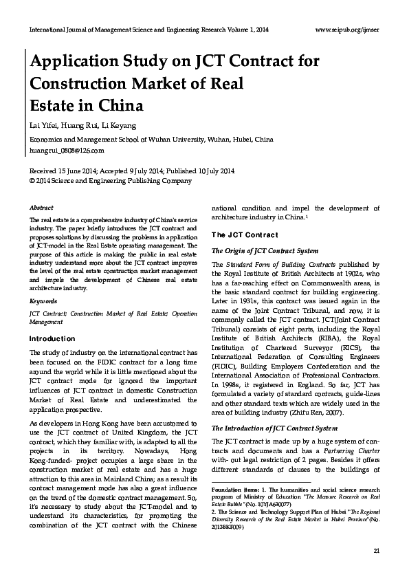 (PDF) Application Study on JCT Contract for Construction Market of Real ...